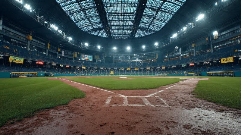 Interior View of a Clean Baseball Stadium Featuring a Brightly Lit ...