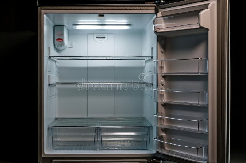 Interior View of a Clean, Unstocked Fridge with Multiple Shelves and ...