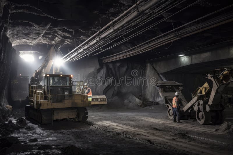 Interior View of Coal Mine, with Workers and Machinery in the ...