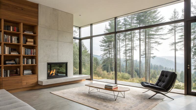 Interior View Concrete, Wood, Forest Vista, Cozy Lounge Stock ...