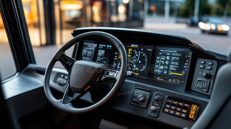 Modern Bus Dashboard with Digital Displays and Steering Wheel Stock ...