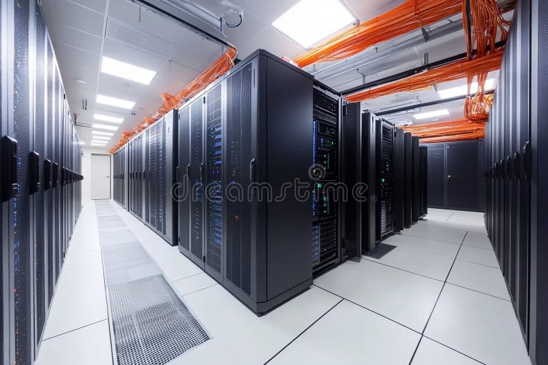 Modern Server Room with Rows of Black Server Racks and Orange Fiber ...