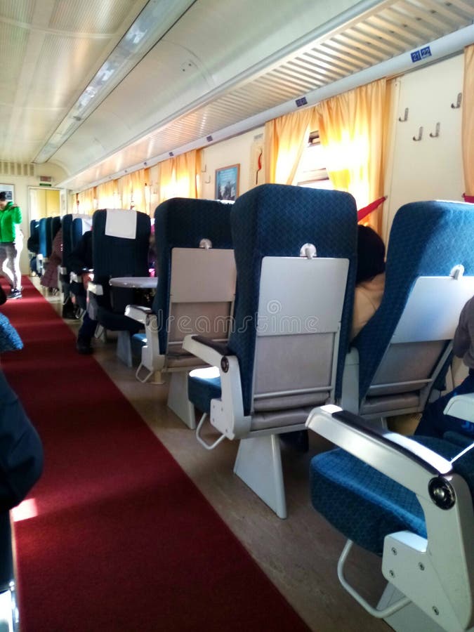 Interior View of the Corridor, Inside Passenger Trains with Blue Fabric ...