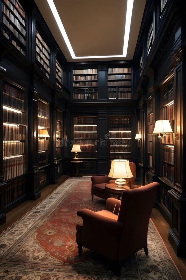 Interior View of a Cozy Library with Dim Lighting Stock Image - Image ...