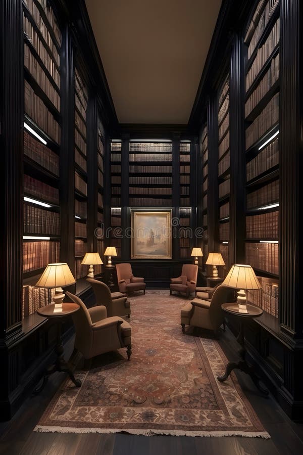 Interior View of a Cozy Library with Dim Lighting Stock Photo - Image ...