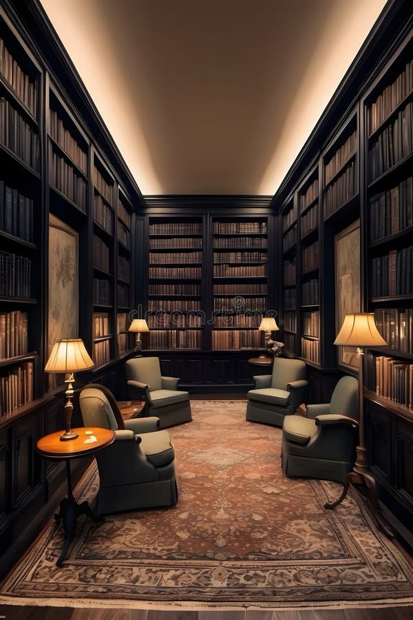 Interior View of a Cozy Library with Dim Lighting Stock Photo - Image ...