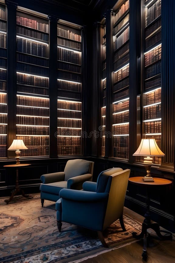 Interior View of a Cozy Library with Dim Lighting Stock Image - Image ...
