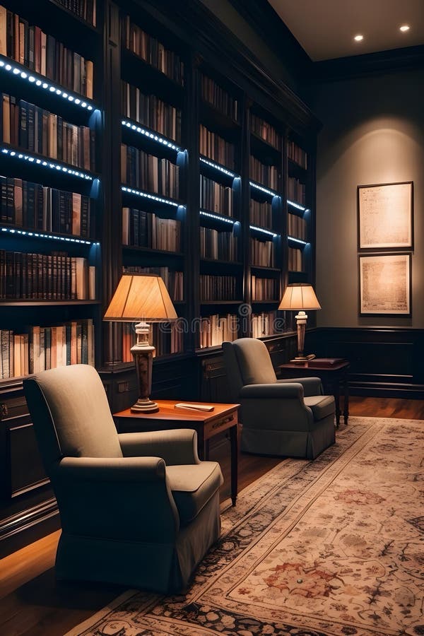 Interior View of a Cozy Library with Dim Lighting Stock Illustration ...