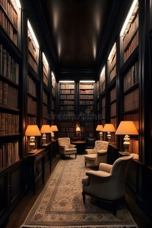 Interior View of a Cozy Library with Dim Lighting Stock Image - Image ...