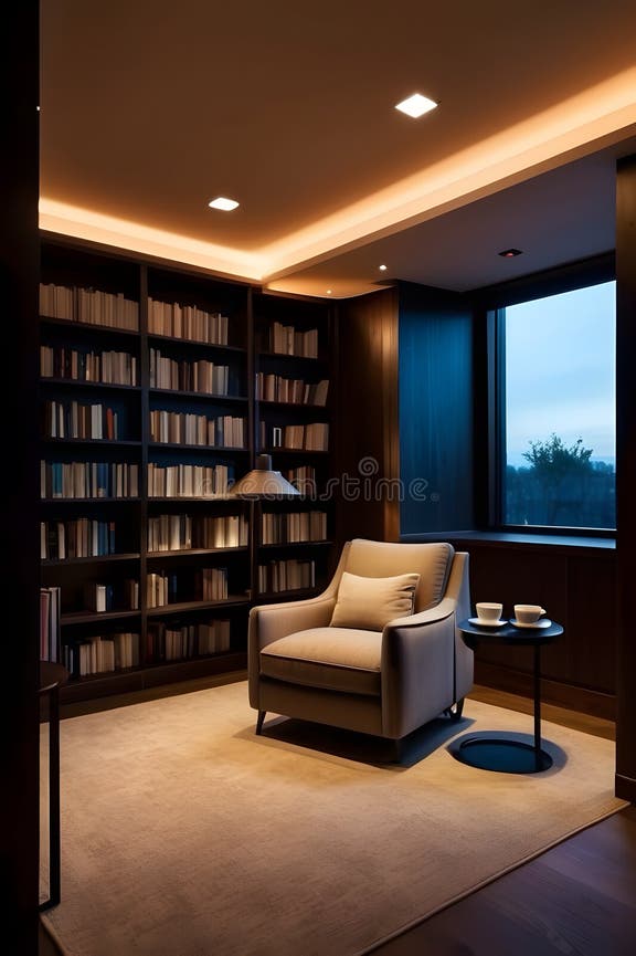 Interior View of a Cozy Library with Dim Lighting Stock Image - Image ...