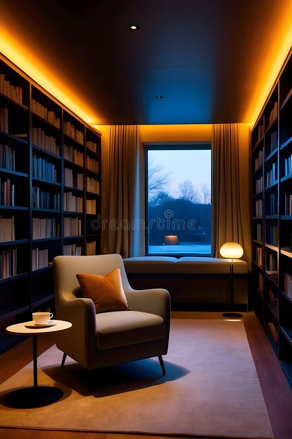 Interior View of a Cozy Library with Dim Lighting Stock Photo - Image ...