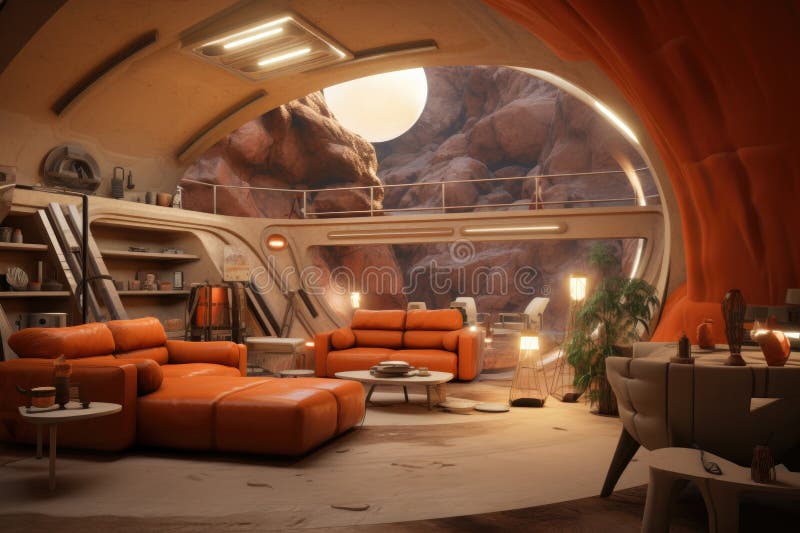 Interior View of a Cozy Mars Habitat Living Area Stock Illustration ...