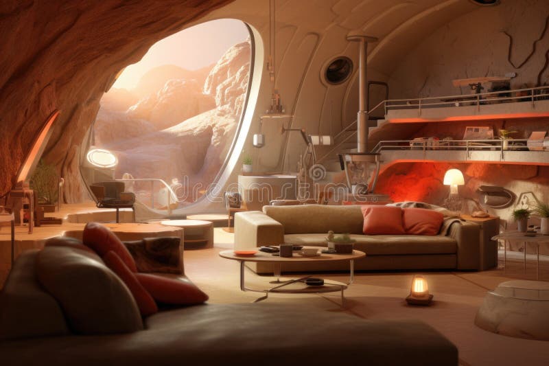 Interior View of a Cozy Mars Habitat Living Area Stock Illustration ...