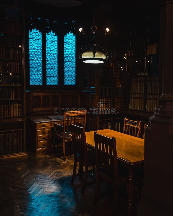 Interior View of a Dark Antique Office Room with a Book Collection ...