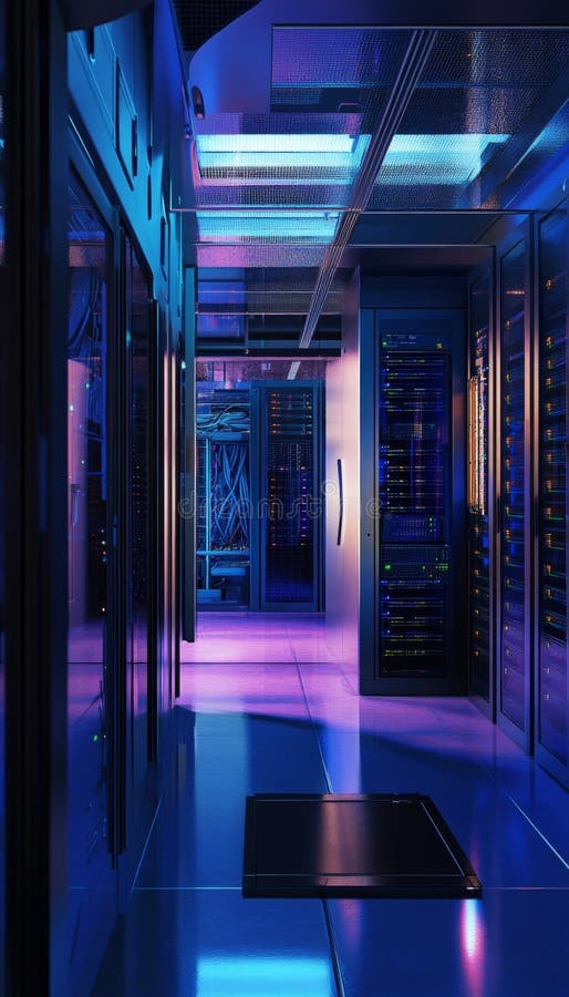 Interior View of a Data Center Featuring Server Racks and Highlighting ...