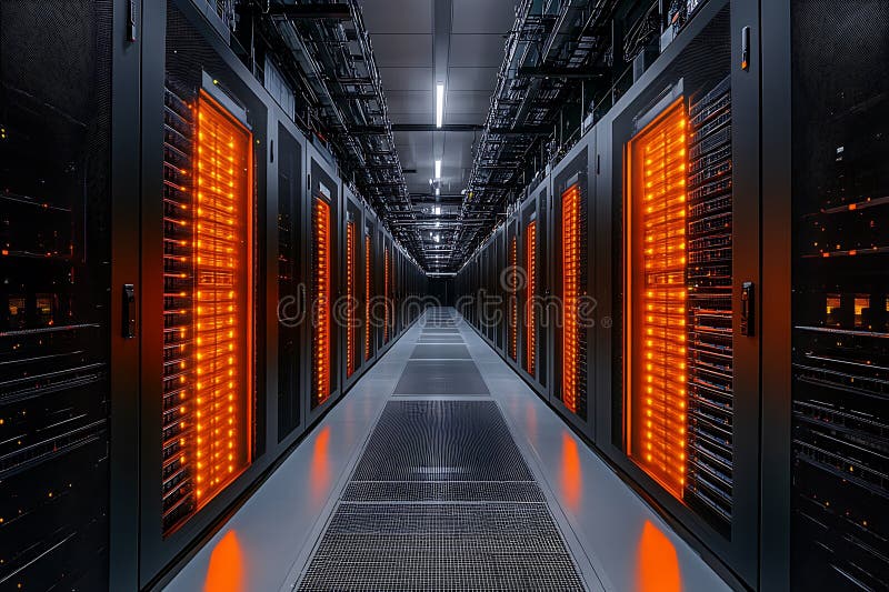 Interior View of Data Center Server Racks with Glowing Orange Lights ...