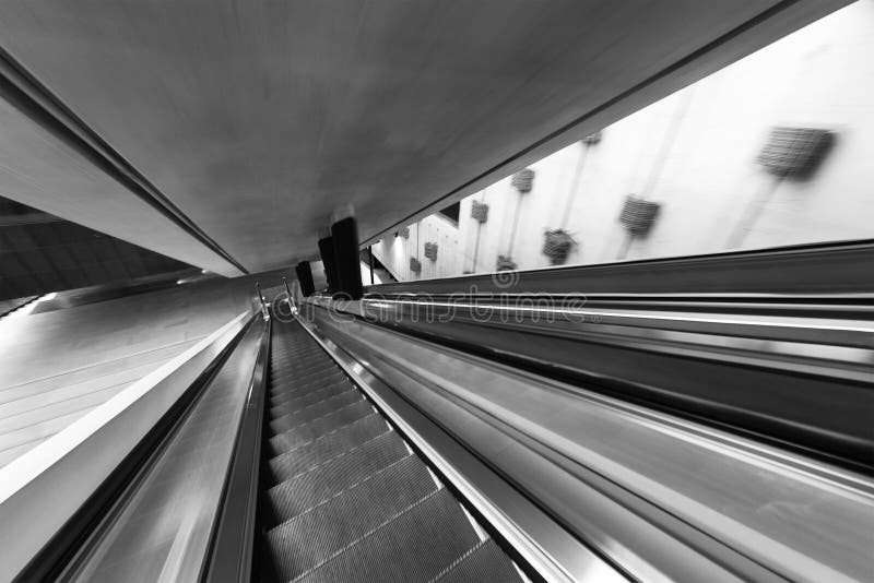 Interior View of Downward Escalator. Building Abstract Background in ...