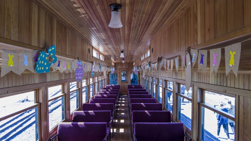 Interior View of an Empty Antique Train Passenger Coach, Decorated for ...