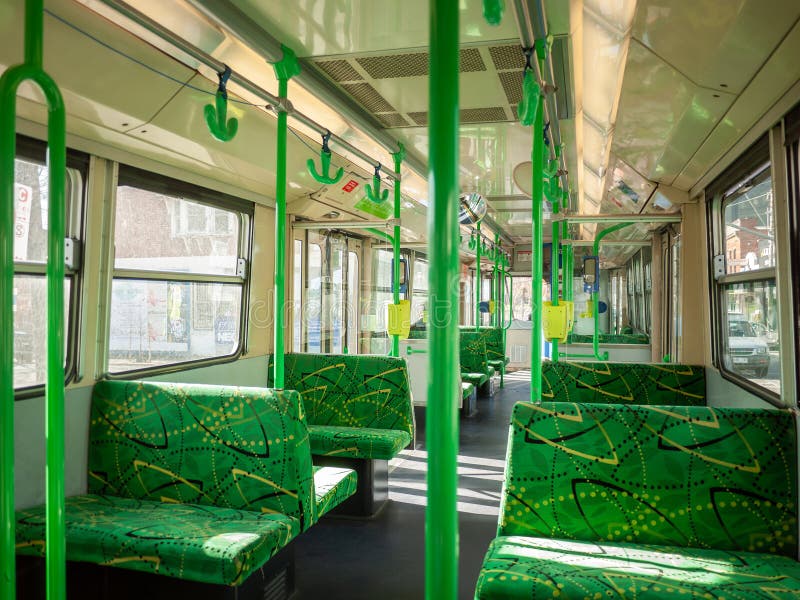 Interior View of an Empty Melbourne Tram with Iconic Green Patterned ...