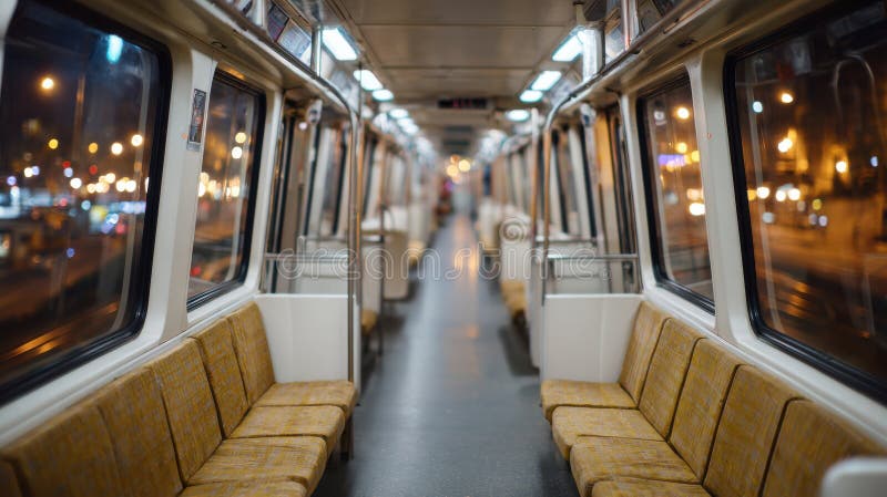 Interior View of an Empty Subway Train at Night. Urban Transportation ...