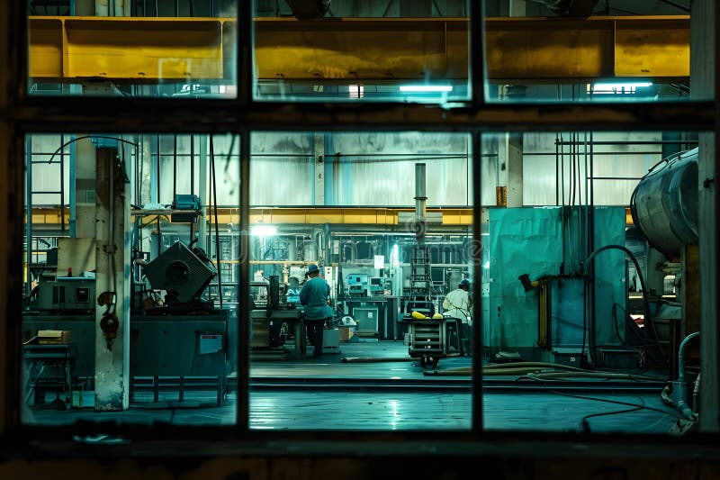 Interior View of a Factory with Workers Operating Machinery, Seen ...