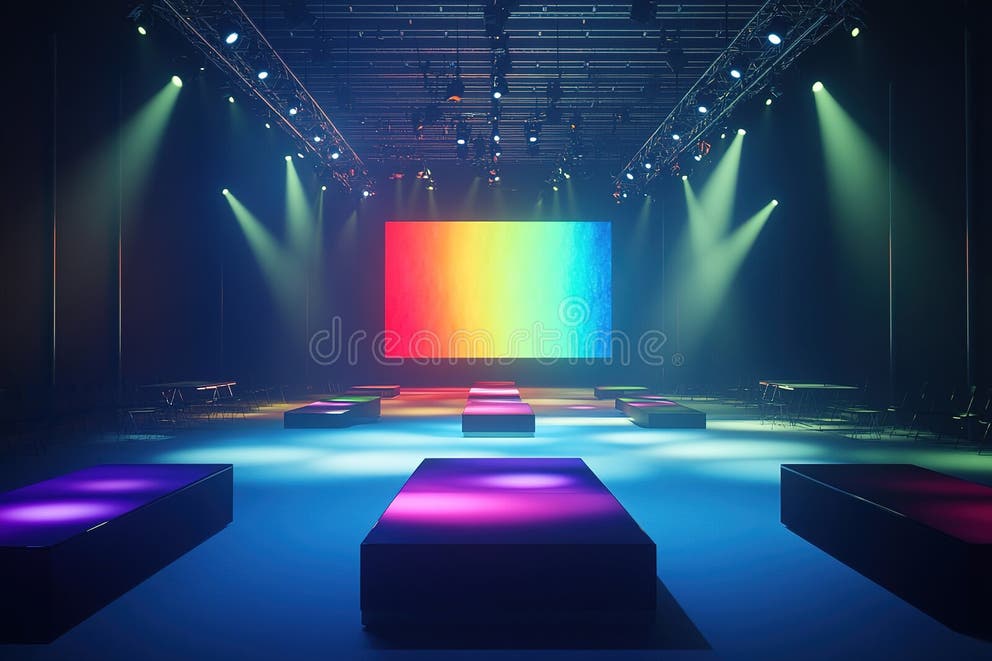 Abstract Stage with Rainbow LED Screen, Geometric Platforms, Blue ...