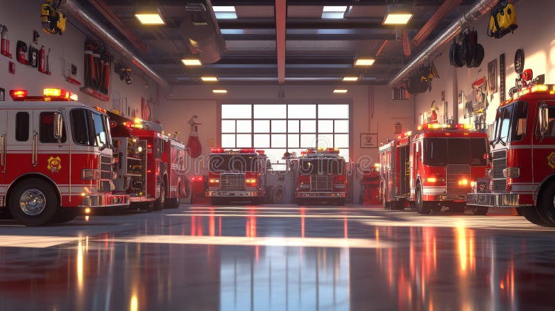 Interior View of a Fire Station Featuring Fire Trucks and Emergency ...
