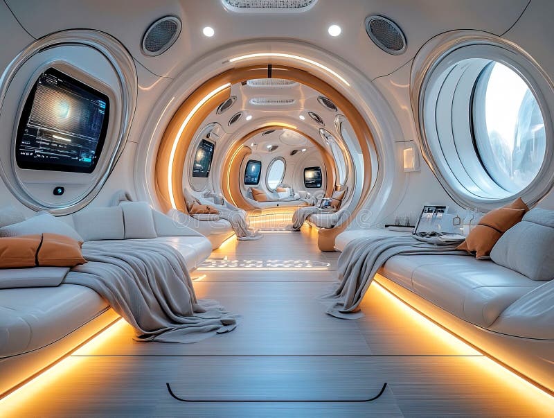 Interior View of a Functional, Comfortable Spacecraft Cabin with ...