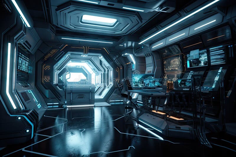 An Interior View of a Futuristic Space Station, with Sleek Design and ...