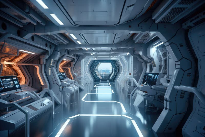 An Interior View of a Futuristic Space Station, with Sleek Design and ...