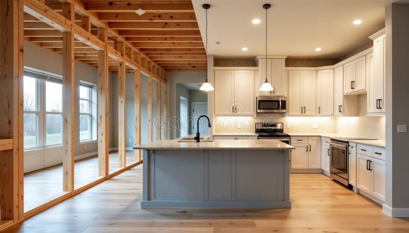 Interior View of House Construction. Kitchen Framing Visible ...