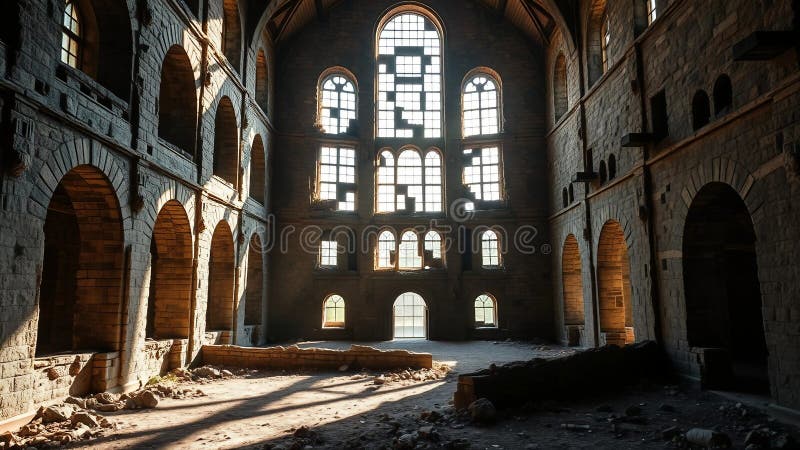A Large, Ornate Castle Ruin with Tall Windows and Sunbeams. AI ...