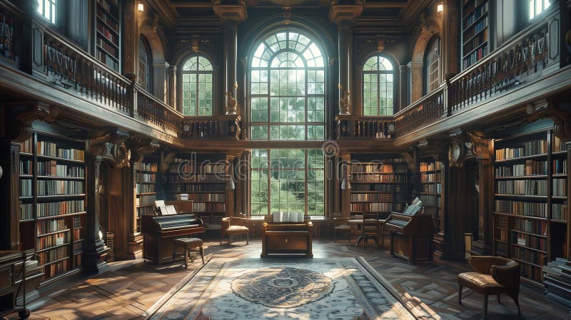 Interior View of a Large, Elegant Library with Tall Bookcases, Large ...
