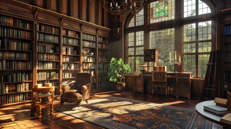 Interior View of a Large Library with Bookshelves and Sunlight ...