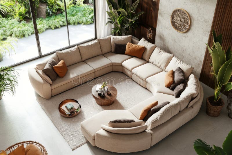 An Interior View of a Living Room with a Panoramic Window and a Soft ...