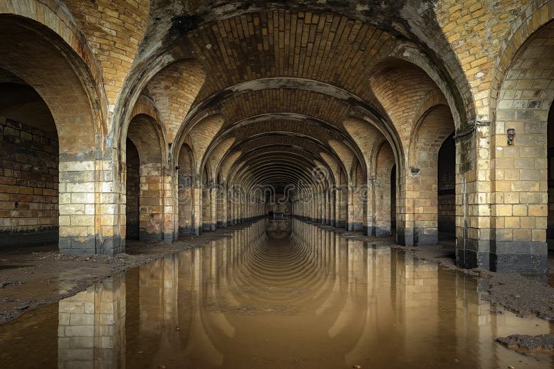 A Long Tunnel with Arches and Water in the Middle of it Stock Image ...
