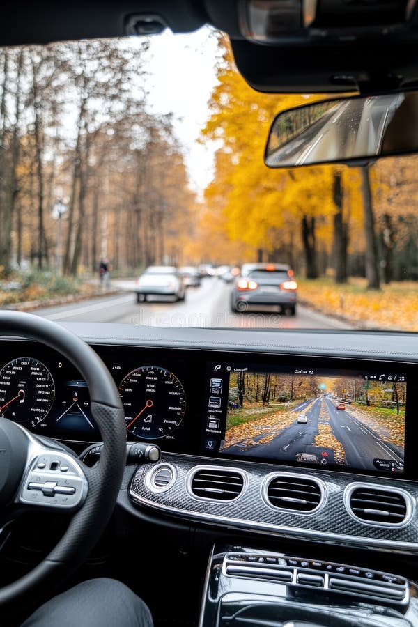Modern Car Interior with Navigation Screen and Autumn Road View Stock ...