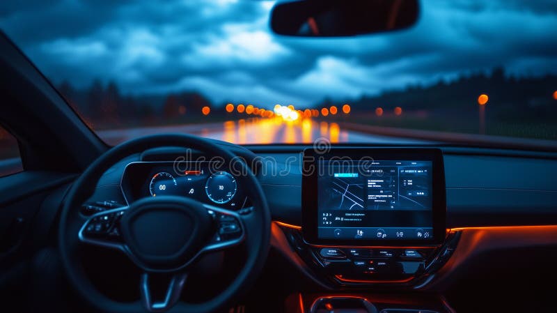 Interior View of a Modern Car Dashboard during Nighttime the Steering ...