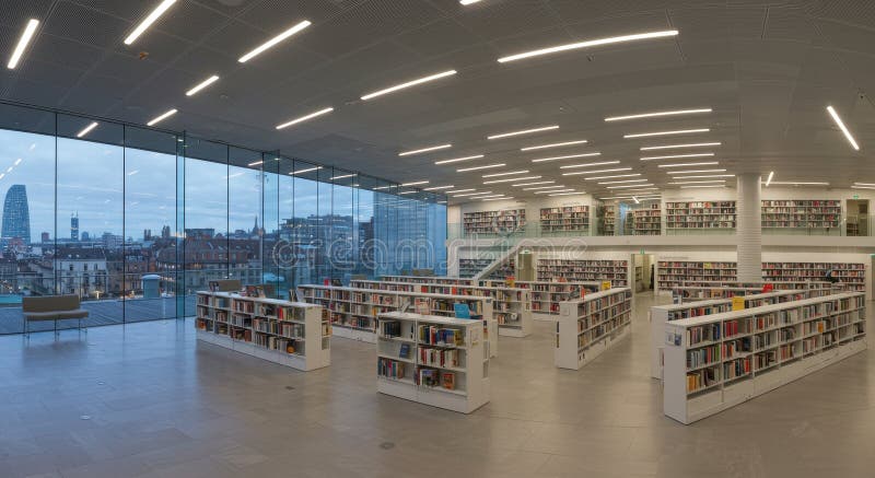 Interior View of Modern Library with Book Shelves and City View Stock ...