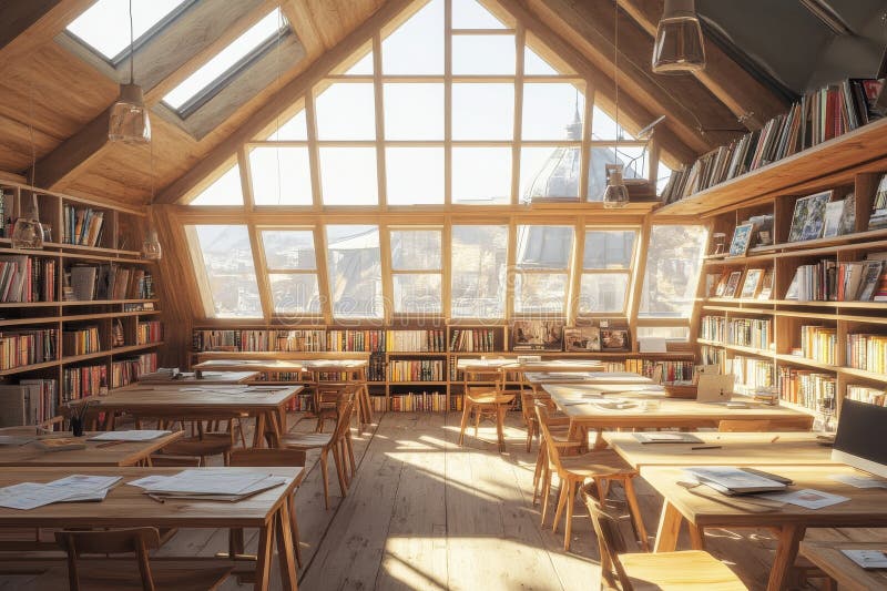 An Interior View of a Modern Library with a Laptop Workspace ...