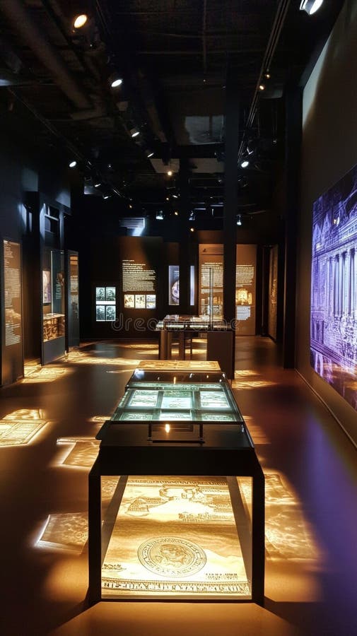 Interior View of a Modern Museum Exhibition Featuring Illuminated ...