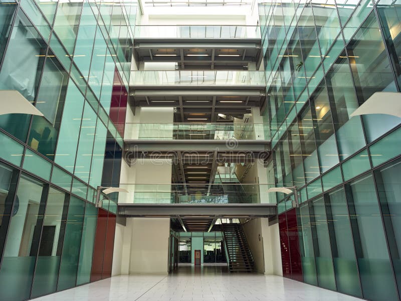 Interior View from Modern Office Lobby of Empty Floors and Staircases ...