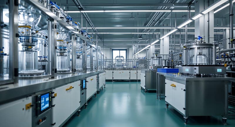 Interior View of a Modern Pharmaceutical Manufacturing Facility with ...