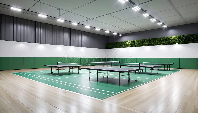 Interior View of a Modern Ping Pong Hall with Multiple Tables, Green ...