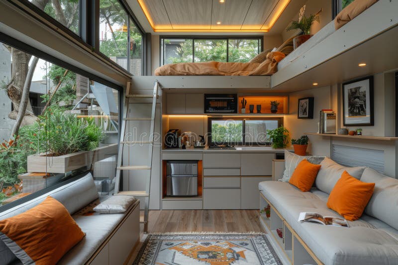 Interior View of a Modern Tiny House with Smart Storage Solutions and ...