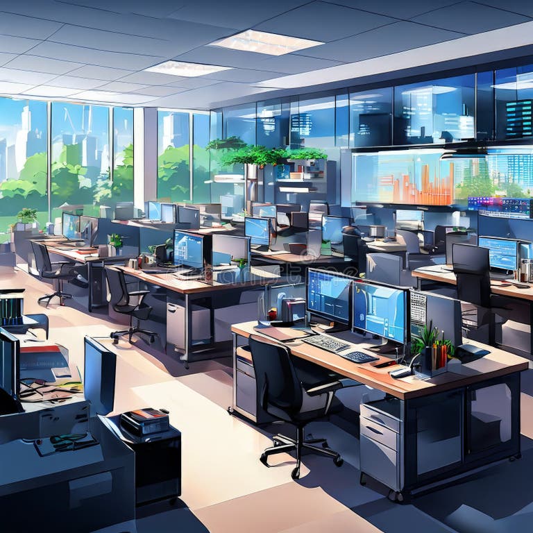 Interior View of Modern Workplace with Computers and Windows in Office ...