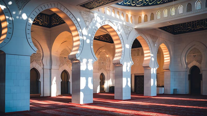 Interior View of a Mosque Featuring White Arches, Columns, and Red ...
