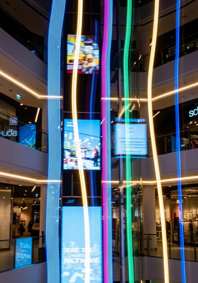 Interior View of a Multi Story Mall with Escalators and Bright Neon ...