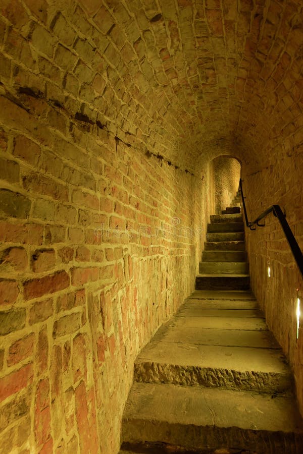 Interior View of Old Castle Narrow Staircase Around a Brick Wall Stock ...