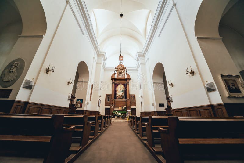 Interior View of a Old Church with Empty Pews Stock Photo - Image of ...